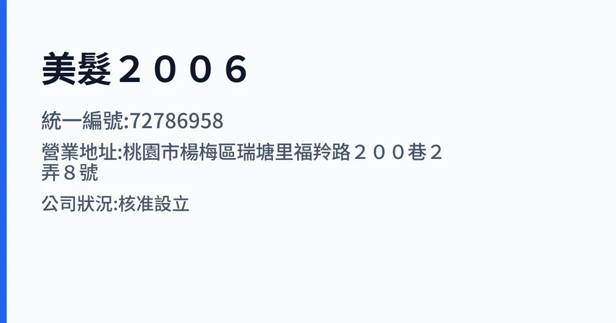 美髮２００６ - 統編 72786958(桃園市) 公司登記資料與營業項目詳細圖表