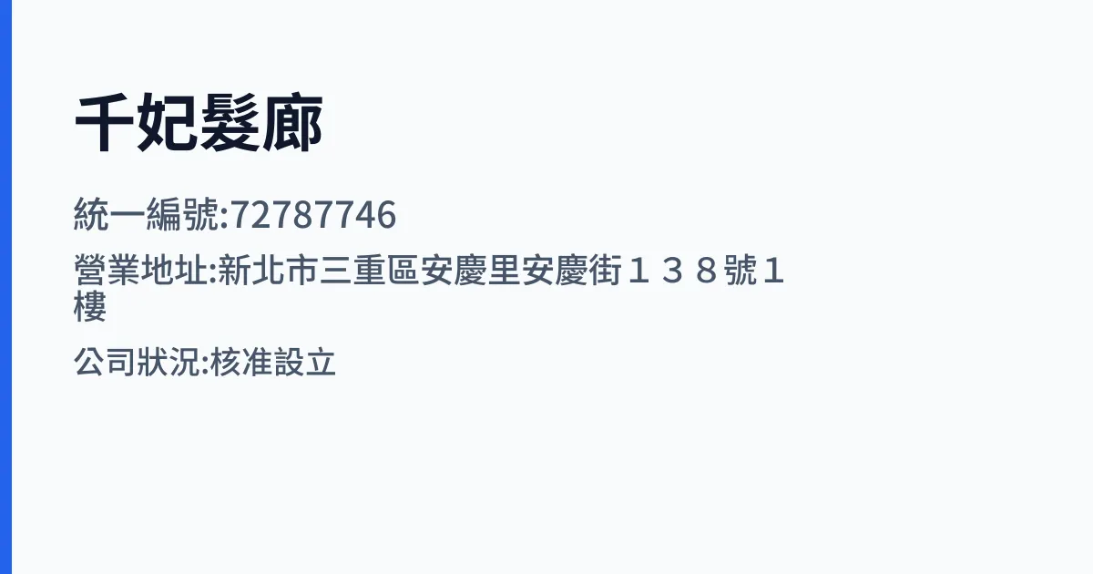 千妃髮廊 - 統編 72787746(新北市) 公司登記資料與營業項目詳細圖表