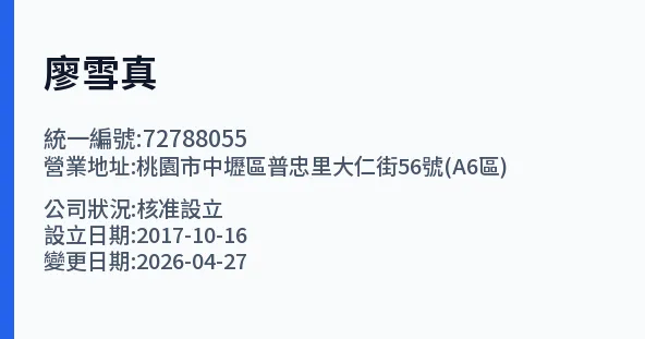 廖雪真的照片-統編 72788055(桃園市) 公司登記資料與營業項目詳細圖表