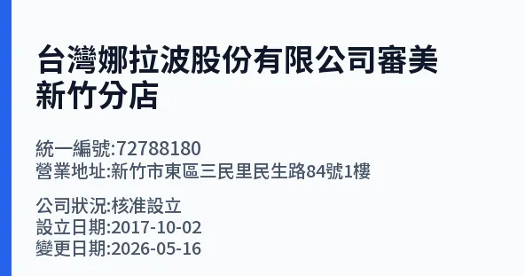台灣娜拉波股份有限公司審美新竹分店的照片-統編 72788180(新竹市) 公司登記資料與營業項目詳細圖表