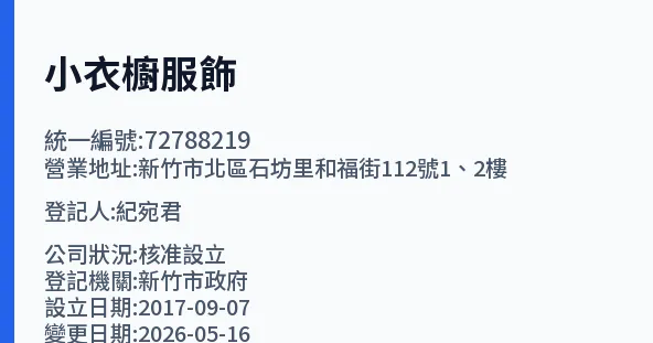 小衣櫥服飾的照片-統編 72788219(新竹市) 公司登記資料與營業項目詳細圖表