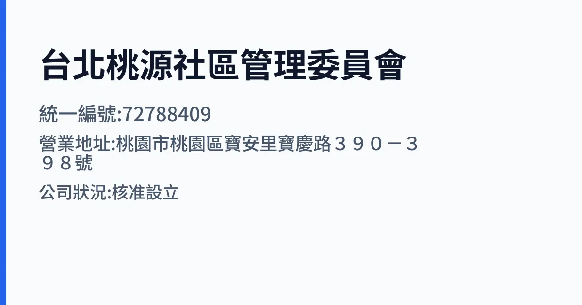 台北桃源社區管理委員會 - 統編 72788409(桃園市) 公司登記資料與營業項目詳細圖表