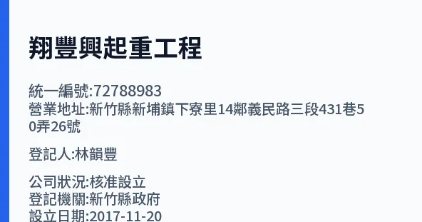翔豐興起重工程的照片-統編 72788983(新竹縣) 公司登記資料與營業項目詳細圖表
