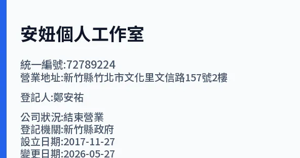 安妞個人工作室的照片-統編 72789224(新竹縣) 公司登記資料與營業項目詳細圖表