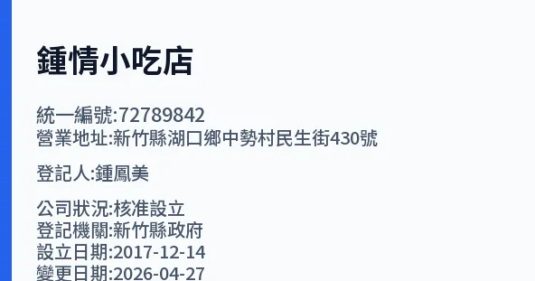 鍾情小吃店的照片-統編 72789842(新竹縣) 公司登記資料與營業項目詳細圖表
