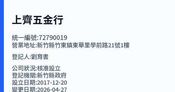 上齊五金行的照片-統編 72790019(新竹縣) 公司登記資料與營業項目詳細圖表