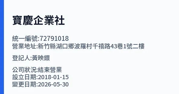 寶慶企業社的照片-統編 72791018(新竹縣) 公司登記資料與營業項目詳細圖表