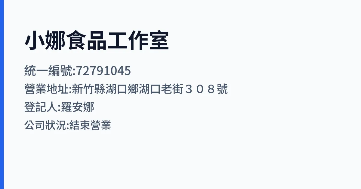 小娜食品工作室 - 統編 72791045(新竹縣) 公司登記資料與營業項目詳細圖表