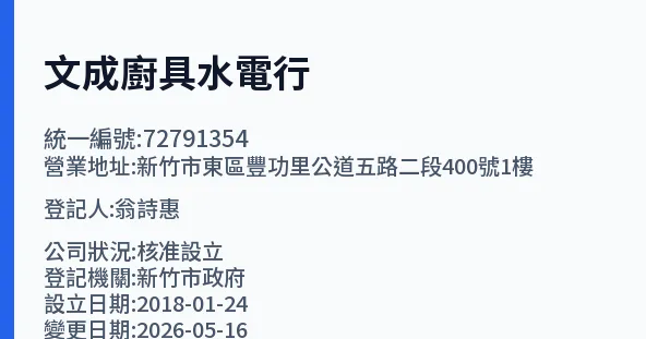 文成廚具水電行的照片-統編 72791354(新竹市) 公司登記資料與營業項目詳細圖表