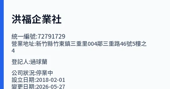 洪福企業社的照片-統編 72791729(新竹縣) 公司登記資料與營業項目詳細圖表