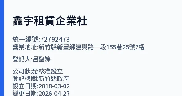 鑫宇租賃企業社的照片-統編 72792473(新竹縣) 公司登記資料與營業項目詳細圖表