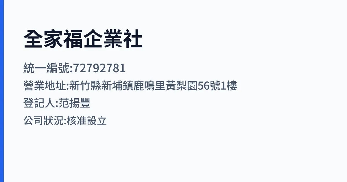 全家福企業社 - 統編 72792781(新竹縣) 公司登記資料與營業項目詳細圖表