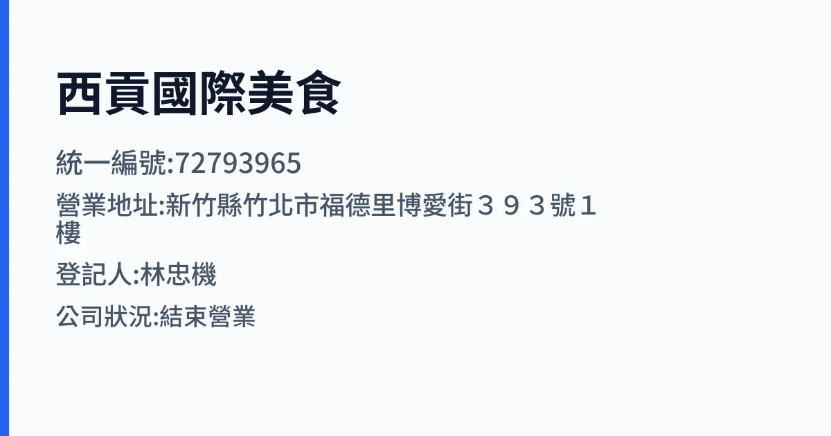 西貢國際美食 - 統編 72793965(新竹縣) 公司登記資料與營業項目詳細圖表