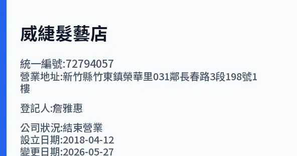 威緁髮藝店的照片-統編 72794057(新竹縣) 公司登記資料與營業項目詳細圖表