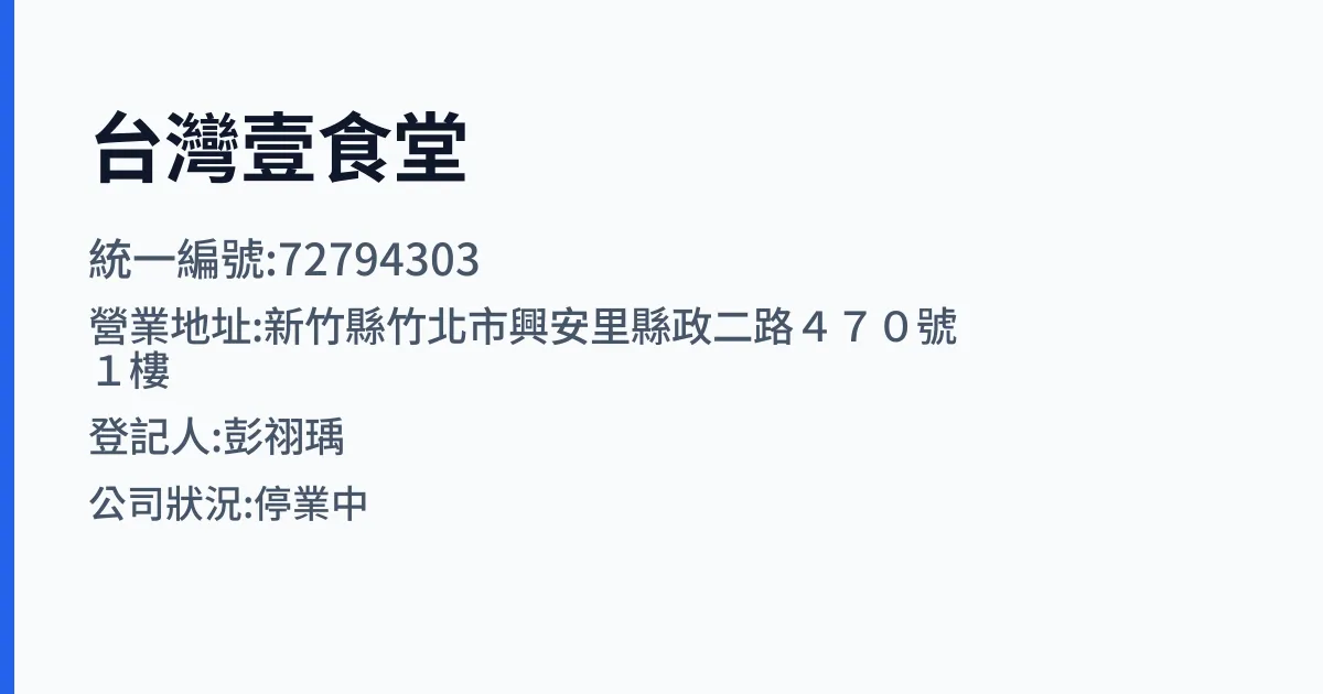 台灣壹食堂 - 統編 72794303(新竹縣) 公司登記資料與營業項目詳細圖表