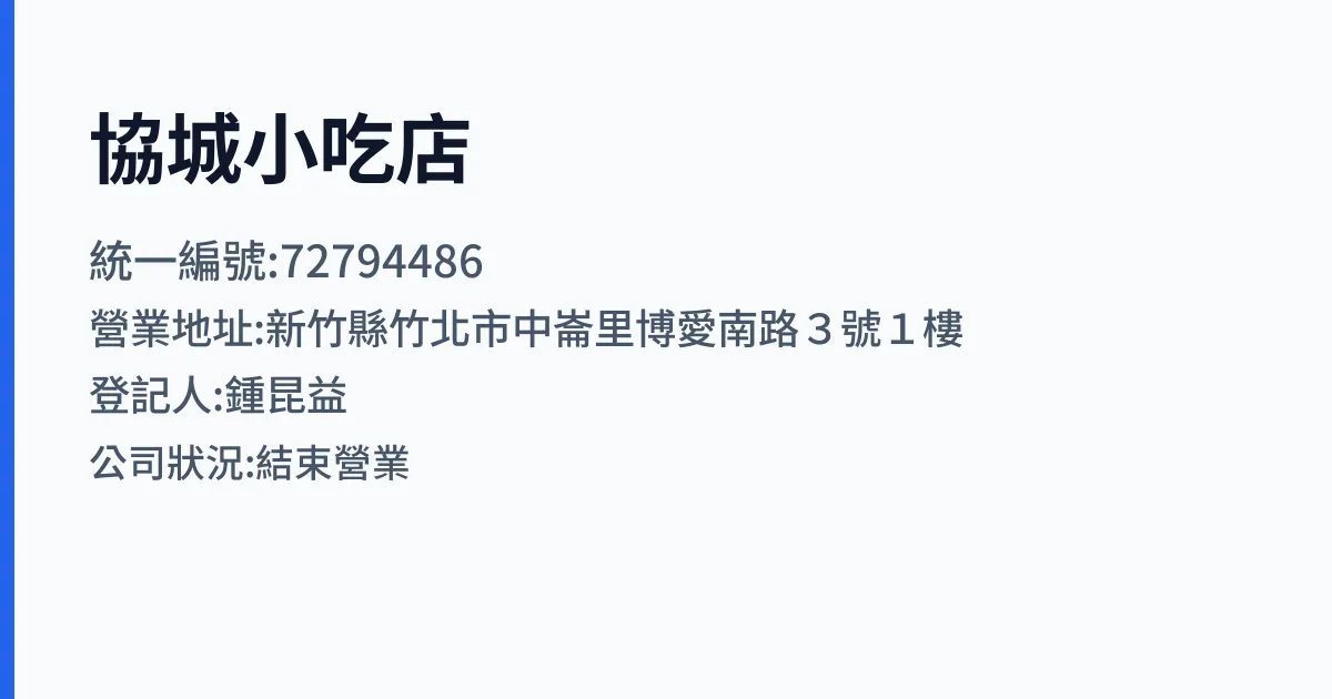 協城小吃店 - 統編 72794486(新竹縣) 公司登記資料與營業項目詳細圖表