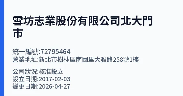 雪坊志業股份有限公司北大門市的照片-統編 72795464(新北市) 公司登記資料與營業項目詳細圖表