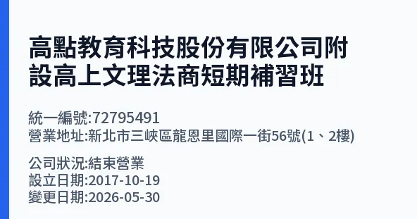 高點教育科技股份有限公司附設高上文理法商短期補習班的照片-統編 72795491(新北市) 公司登記資料與營業項目詳細圖表