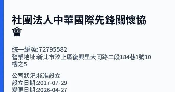 社團法人中華國際先鋒關懷協會的照片-統編 72795582(新北市) 公司登記資料與營業項目詳細圖表