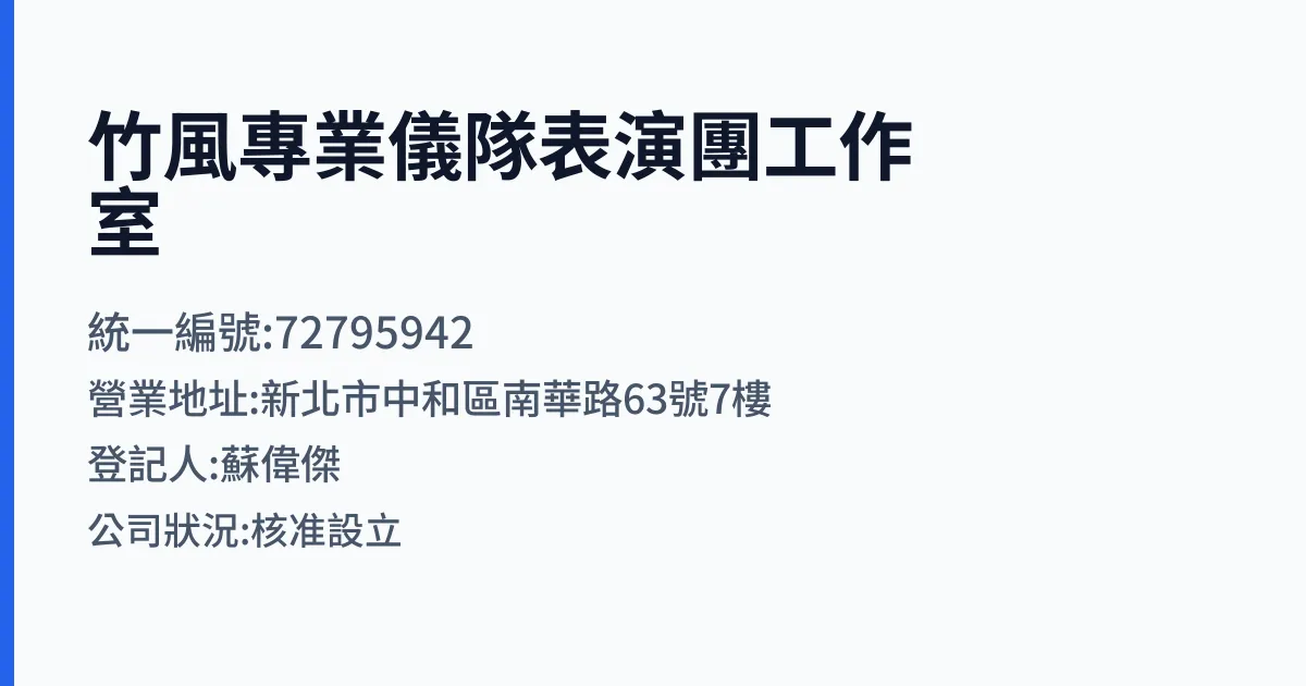 竹風專業儀隊表演團工作室 - 統編 72795942(新北市) 公司登記資料與營業項目詳細圖表