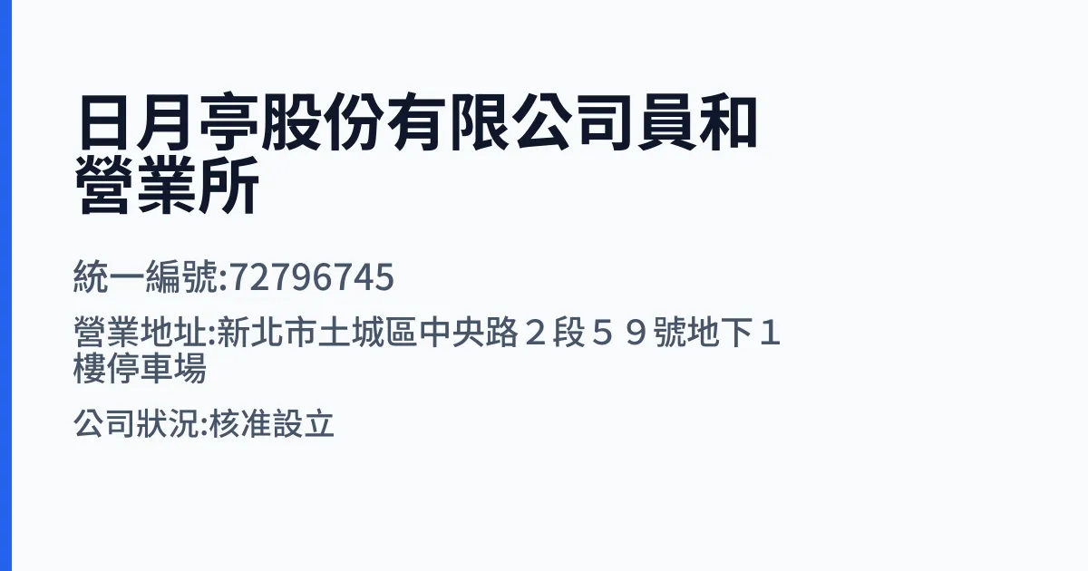 日月亭股份有限公司員和營業所 - 統編 72796745(新北市) 公司登記資料與營業項目詳細圖表