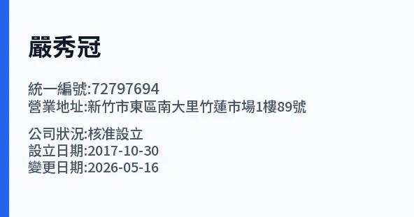 嚴秀冠的照片-統編 72797694(新竹市) 公司登記資料與營業項目詳細圖表