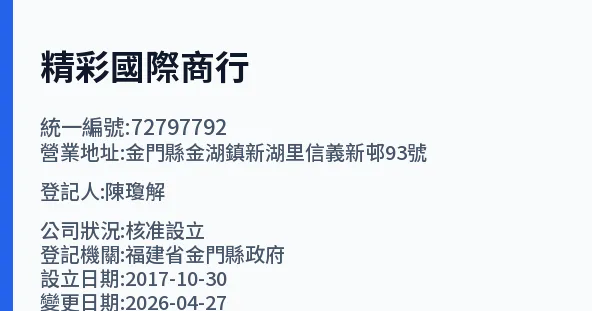 精彩國際商行的照片-統編 72797792(金門縣) 公司登記資料與營業項目詳細圖表