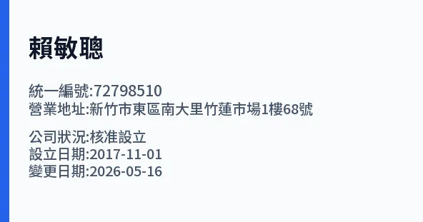 賴敏聰的照片-統編 72798510(新竹市) 公司登記資料與營業項目詳細圖表