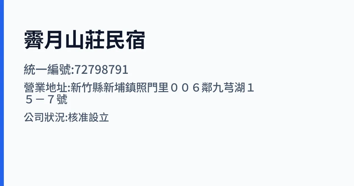 霽月山莊民宿 - 統編 72798791(新竹縣) 公司登記資料與營業項目詳細圖表