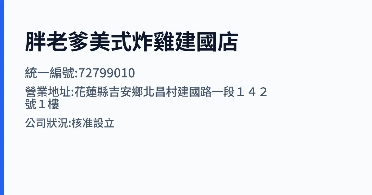 胖老爹美式炸雞建國店 - 統編 72799010(花蓮縣) 公司登記資料與營業項目詳細圖表