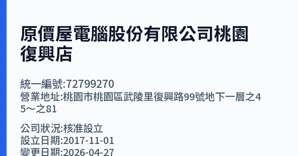 原價屋電腦股份有限公司桃園復興店的照片-統編 72799270(桃園市) 公司登記資料與營業項目詳細圖表