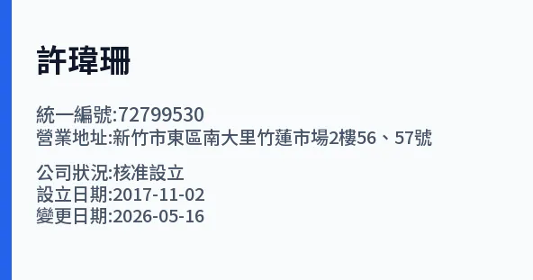 許瑋珊的照片-統編 72799530(新竹市) 公司登記資料與營業項目詳細圖表