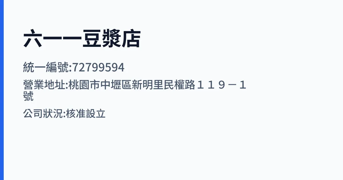 六一一豆漿店 - 統編 72799594(桃園市) 公司登記資料與營業項目詳細圖表