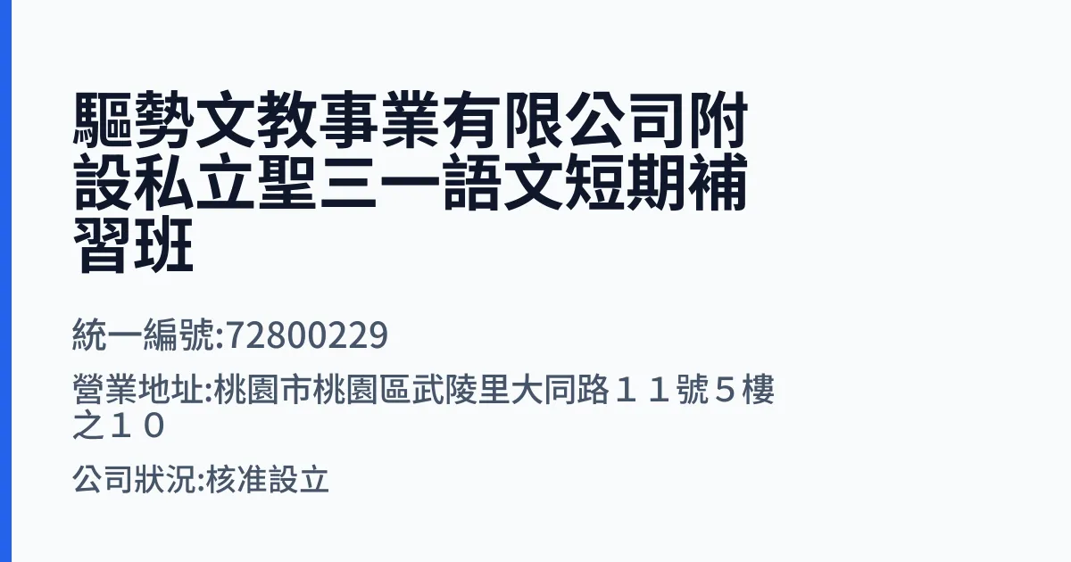 驅勢文教事業有限公司附設私立聖三一語文短期補習班 - 統編 72800229(桃園市) 公司登記資料與營業項目詳細圖表