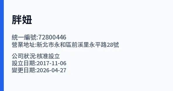 胖妞的照片-統編 72800446(新北市) 公司登記資料與營業項目詳細圖表