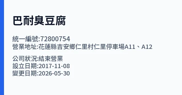 巴耐臭豆腐的照片-統編 72800754(花蓮縣) 公司登記資料與營業項目詳細圖表