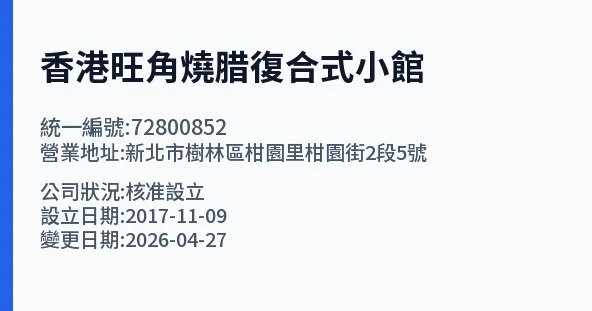 香港旺角燒腊復合式小館的照片-統編 72800852(新北市) 公司登記資料與營業項目詳細圖表