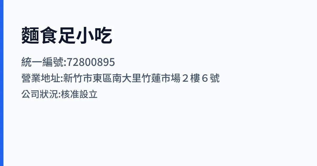 麵食足小吃 - 統編 72800895(新竹市) 公司登記資料與營業項目詳細圖表