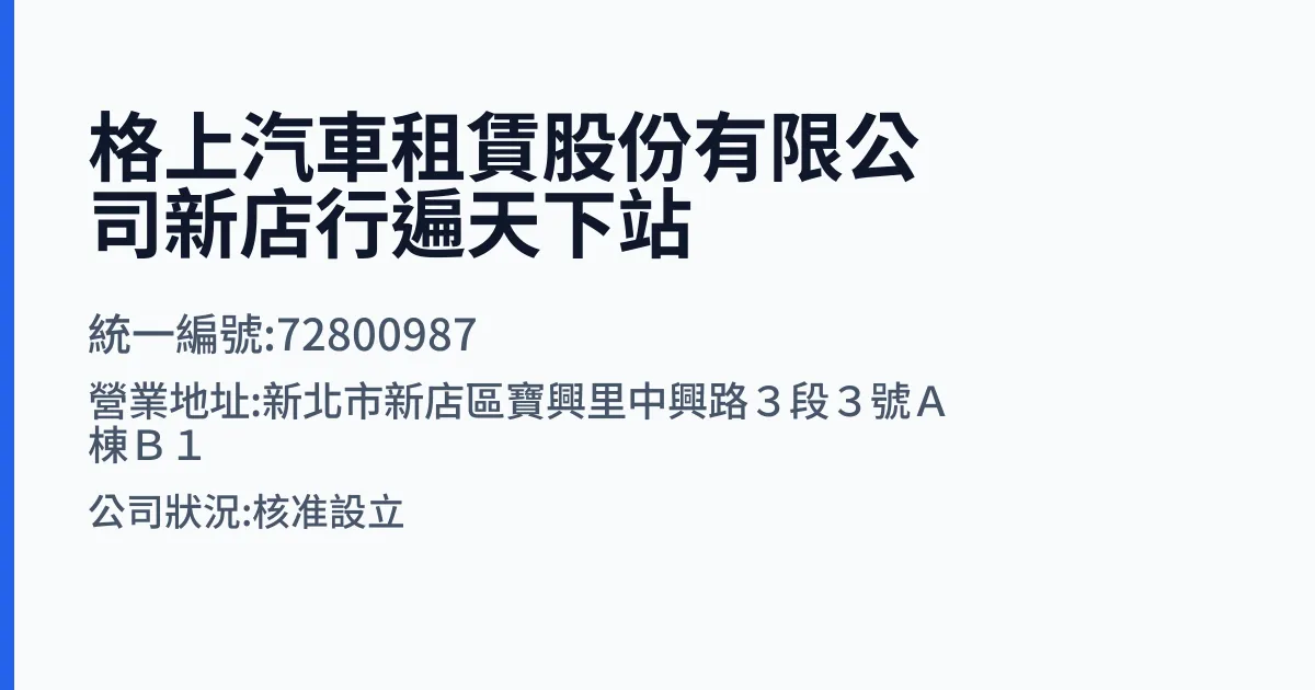 格上汽車租賃股份有限公司新店行遍天下站 - 統編 72800987(新北市) 公司登記資料與營業項目詳細圖表