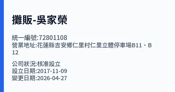 攤販-吳家榮的照片-統編 72801108(花蓮縣) 公司登記資料與營業項目詳細圖表