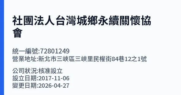 社團法人台灣城鄉永續關懷協會的照片-統編 72801249(新北市) 公司登記資料與營業項目詳細圖表