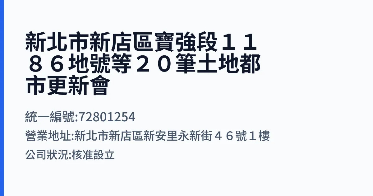 新北市新店區寶強段１１８６地號等２０筆土地都市更新會 - 統編 72801254(新北市) 公司登記資料與營業項目詳細圖表