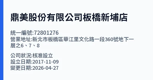 鼎美股份有限公司板橋新埔店的照片-統編 72801276(新北市) 公司登記資料與營業項目詳細圖表