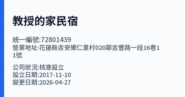 教授的家民宿的照片-統編 72801439(花蓮縣) 公司登記資料與營業項目詳細圖表