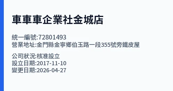 車車車企業社金城店的照片-統編 72801493(金門縣) 公司登記資料與營業項目詳細圖表