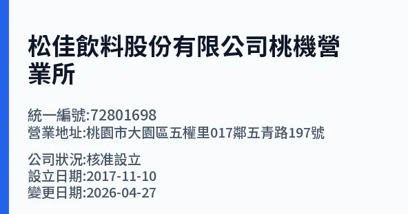 松佳飲料股份有限公司桃機營業所的照片-統編 72801698(桃園市) 公司登記資料與營業項目詳細圖表