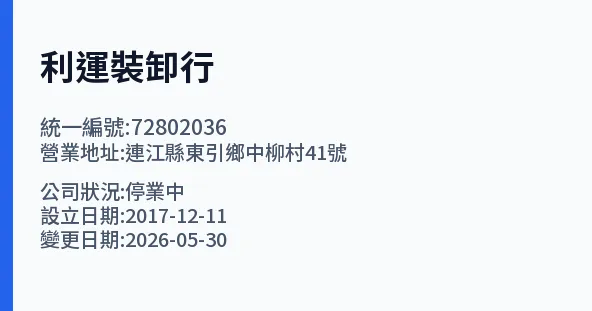 利運裝卸行的照片-統編 72802036(連江縣) 公司登記資料與營業項目詳細圖表