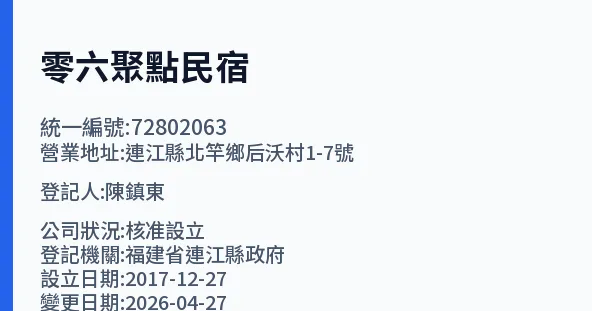 零六聚點民宿的照片-統編 72802063(連江縣) 公司登記資料與營業項目詳細圖表
