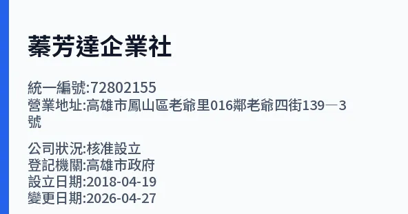 蓁芳達企業社的照片-統編 72802155(高雄市) 公司登記資料與營業項目詳細圖表