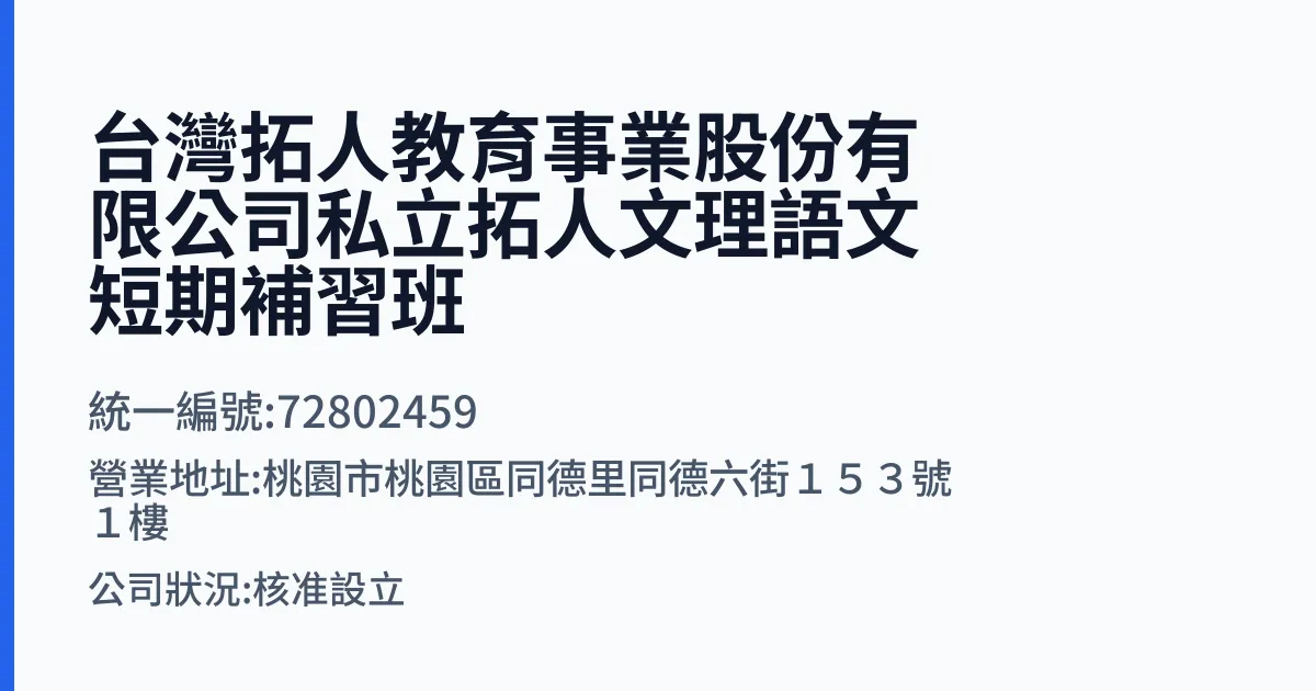 台灣拓人教育事業股份有限公司私立拓人文理語文短期補習班 - 統編 72802459(桃園市) 公司登記資料與營業項目詳細圖表